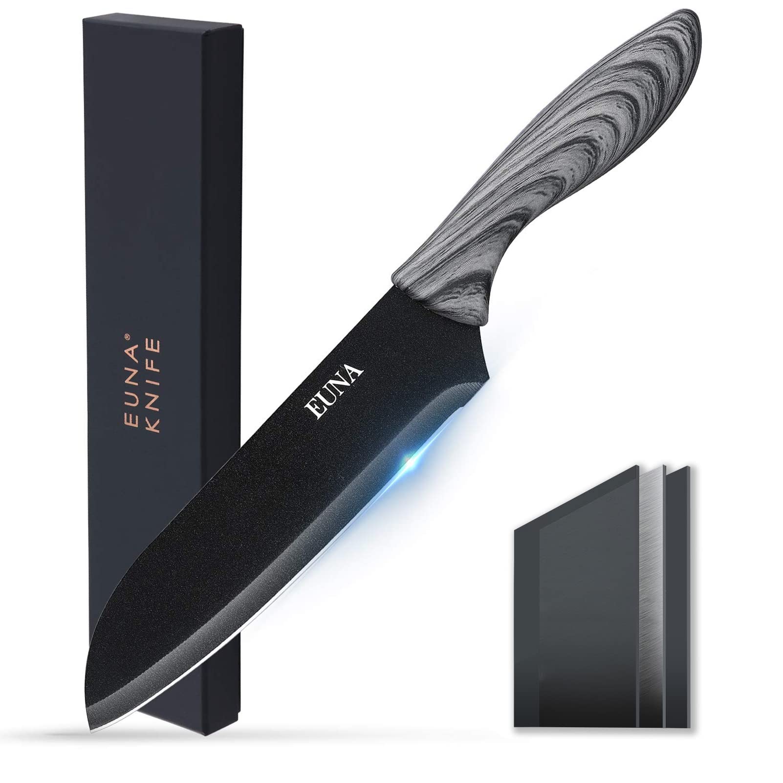 EUNA 7 Inch Chef Knife Ultra Sharp, Kitchen Knife with Sheath & Gift Box, Santoku Knife for Meat/Fruit/Veggie Cutting, Gray Zebra Texture, Non-sticking coating and PP Handle Gary-Black, L03