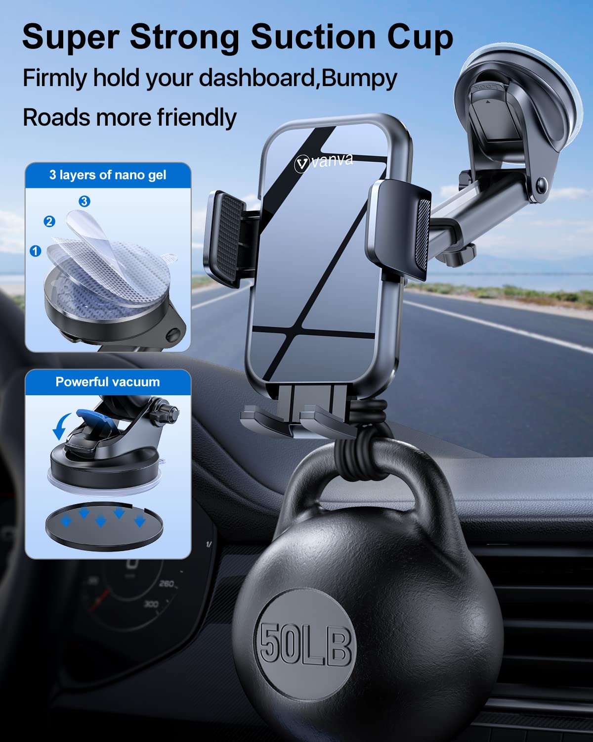 【Big Phones & Thick Case Friendly】 Universal Dashboard Phone Holder for Car, Cell Phone Holder for Car with Air Vent Clip Hands Free Clamp Cradle fit for All Smartphone iPhone Series