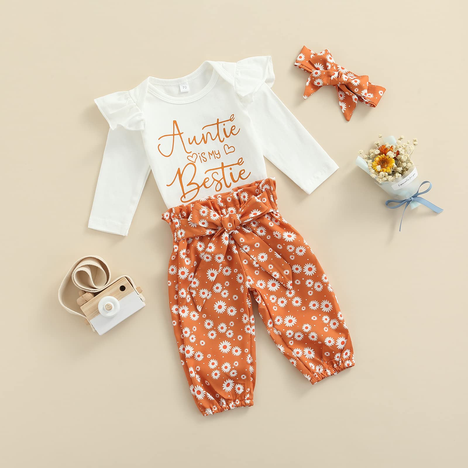 Newborn Infant Baby Girls Clothes Set Auntie Saying Letter Rompers Floral Daisy Pants Headband (White Bestie, 0-3 Months)