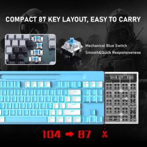 Bluetooth Mechanical Gaming Keyboard with Multi Backlit 87Key Anti-Ghosting Ergonomic Wired/Wireless 2.4Ghz USB Receiver Rechargeable 3300mAh Battery for PC Mac Gamer Typists (Blue White/Blue Switch)