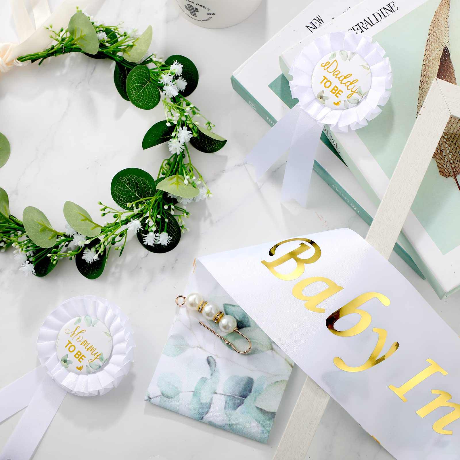 5 Pieces Eucalyptus Leaves Baby Shower Mom to be badge Eucalyptus Leaves Crown Kit, Include Gold Glitter Letters Sash, Mom to Be & Daddy to Be Corsage and Pearl Brooch Pin Headband Keepsake Decoration