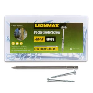 LIONMAX Pocket Wood Screws #8 x 2-1/2", Interior Wood Screws 285PCS, Zinc Plated Screws with Coarse Thread, Washer Head Square Drive, for Pocket Hole Jig, 150MM Drive Bit Included