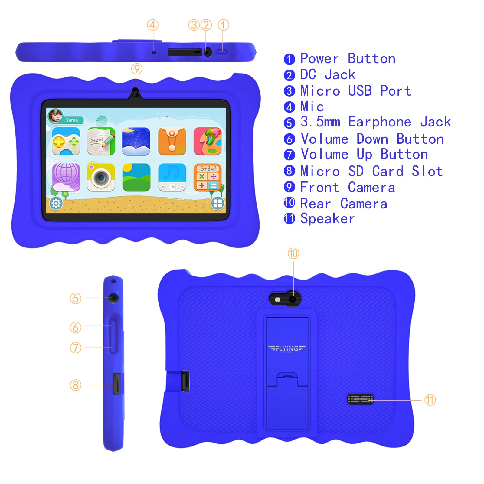 FLYINGTECH Kids Tablet 7 inch Android Tablet for Kids WiFi Dual Camera, Toddler Tablet With 2GB RAM + 32GB ROM Memory, 1024*600 Screen Parental Control Google Playstore with Blue Protective Case 2023