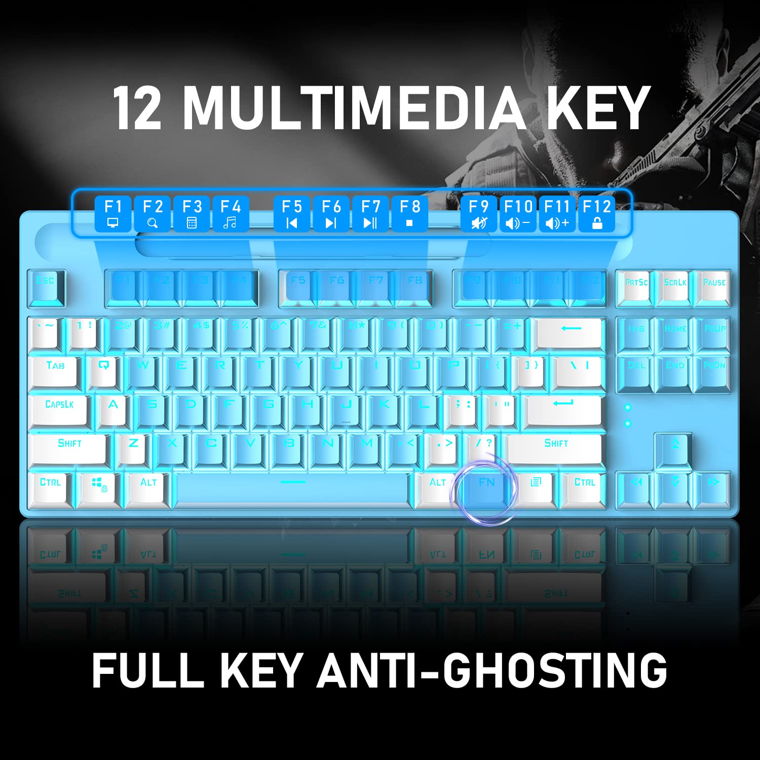 Bluetooth Mechanical Gaming Keyboard with Multi Backlit 87Key Anti-Ghosting Ergonomic Wired/Wireless 2.4Ghz USB Receiver Rechargeable 3300mAh Battery for PC Mac Gamer Typists (Blue White/Blue Switch)