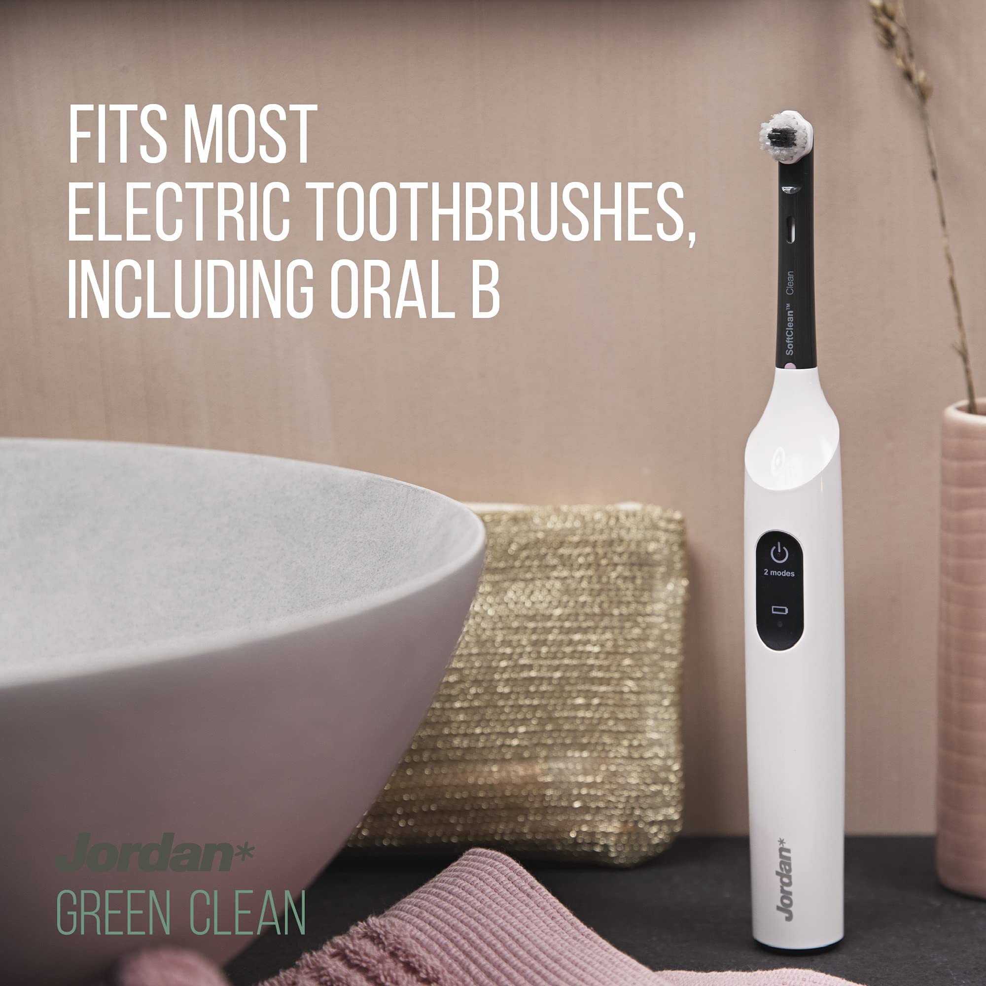 Jordan ® | Clean Smile Electric Toothbrush for Adults + Green Clean Electric Toothbrush sustainable refills x 4 units | Quick Charge, Long-Lasting Battery, Pressure Sensor, 2 Speed Modes | Black Color