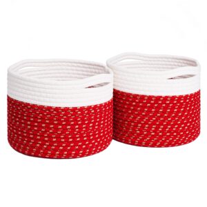 lixinju small baskets for organizing small woven basket set of 2 red small rope basket set with handle for toy cotton round storage kids baby dog cat gifts, 9.5"x9.5"x7"