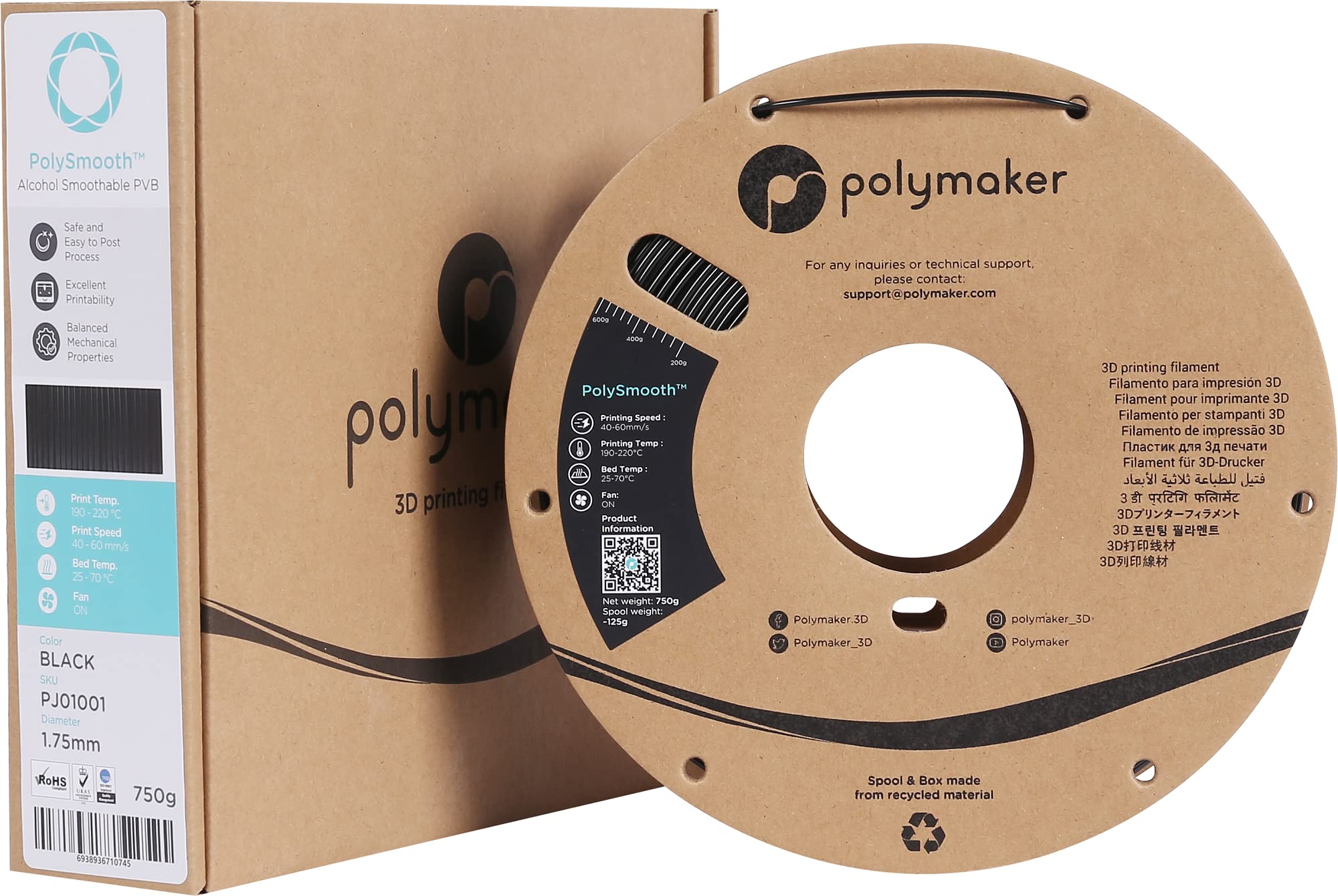 Polymaker PolySmooth PVB Filament 1.75mm Black Filament, 750g Cardboard Spool - Black PVB Filament Print Like PLA Filament 1.75, Easy Smoothable Post Process with IPA Alcohol, Work with Polysher