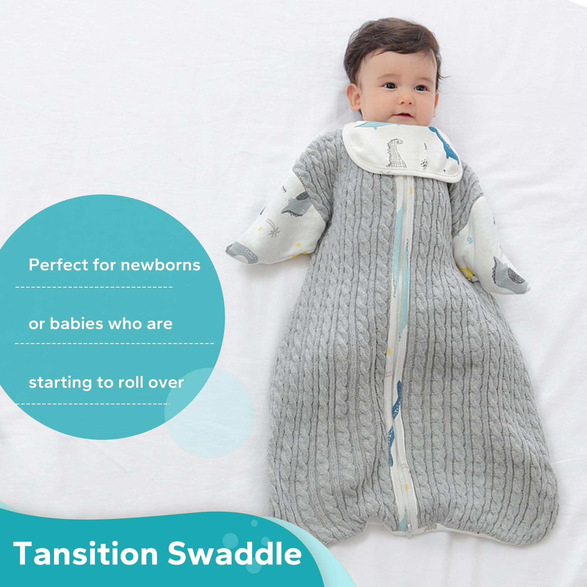 ZIGJOY Shark-Fin Transition Swaddle - Baby Wearable Blanket with 2-Way Zipper Self-Soothing Sleep Sack Knitted and Cotton for All Seasons, 1.0 TOG, Dinosaur, 6-9 Months