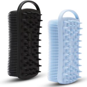 2 pc silicone exfoliating body scrubber, 2 in 1 silicone body shampoo brush, soft silicone loofah for sensitive skin, shower silicone hair scalp massager, easy to clean, lather well (blue&black)