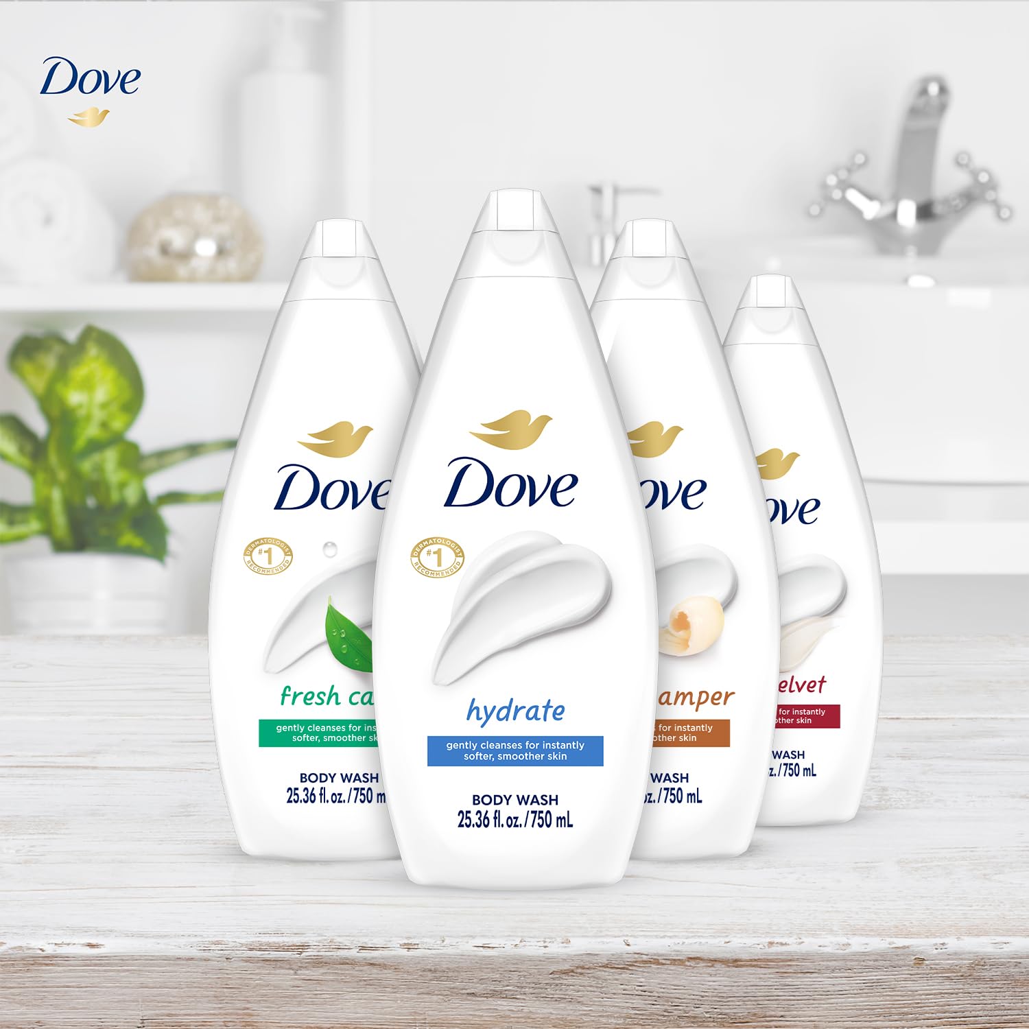 Dove Body Wash Value-Size Variety 6-Pack – Hydrate, Gentle Pamper, Fresh Care, and Silky Velvet, Family Size, 25.36 Oz Ea