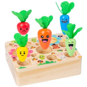 DuLaSeed Montessori Toys, 17 Packs Carrot Harvest Game Wooden Shape Size Sorting Puzzles Toys for Birthday Gift,Learning Educational Toys for Toddlers Baby Preschool 3+ Years Old Girls Boys