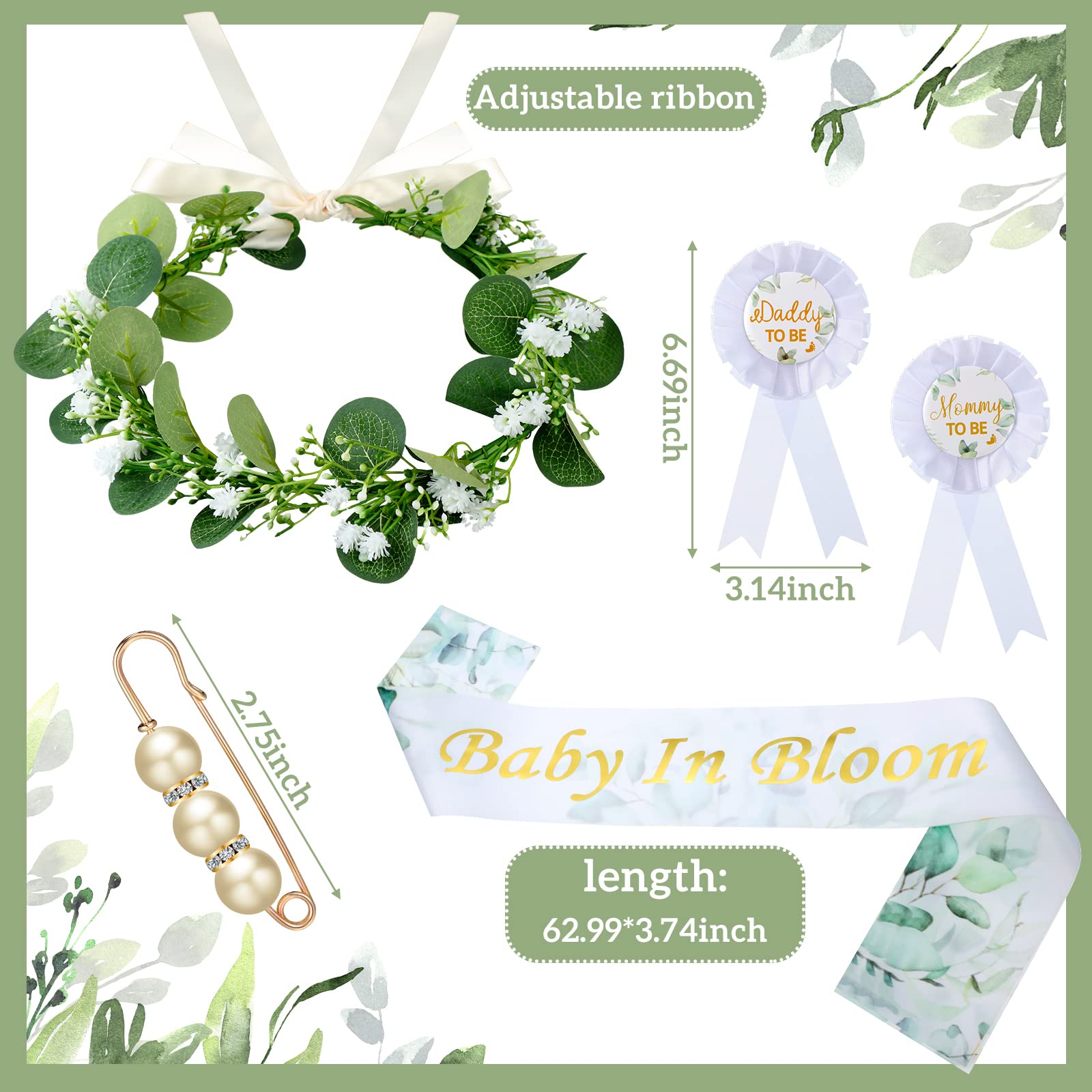 5 Pieces Eucalyptus Leaves Baby Shower Mom to be badge Eucalyptus Leaves Crown Kit, Include Gold Glitter Letters Sash, Mom to Be & Daddy to Be Corsage and Pearl Brooch Pin Headband Keepsake Decoration