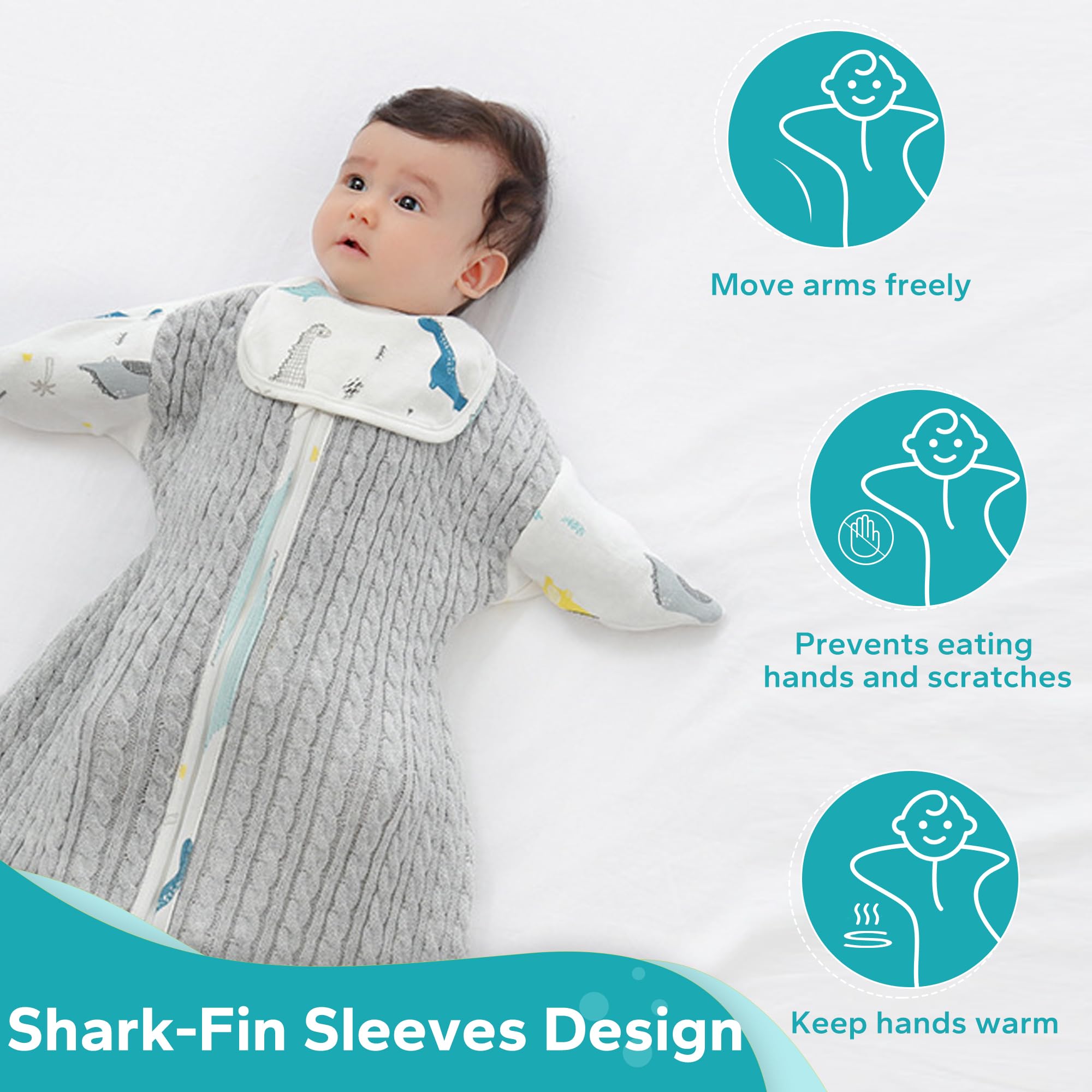 ZIGJOY Shark-Fin Transition Swaddle - Baby Wearable Blanket with 2-Way Zipper Self-Soothing Sleep Sack Knitted and Cotton for All Seasons, 1.0 TOG, Dinosaur, 6-9 Months