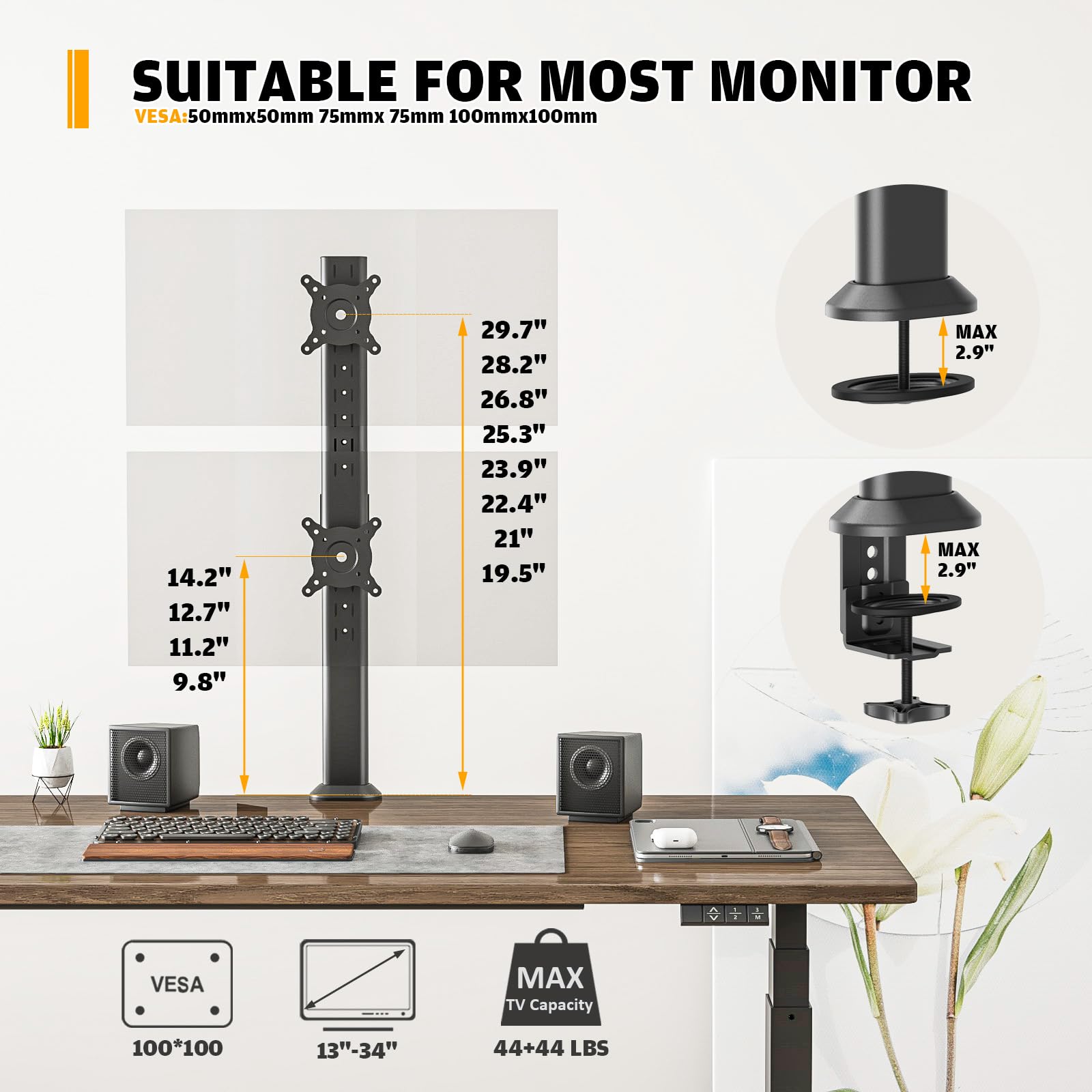 HEMUDU Dual Monitor Articulating Desk Mount Arm Stand - Vertical Stack Screen Supports Two 13 to 34 Inch Computer Monitors with C Clamp