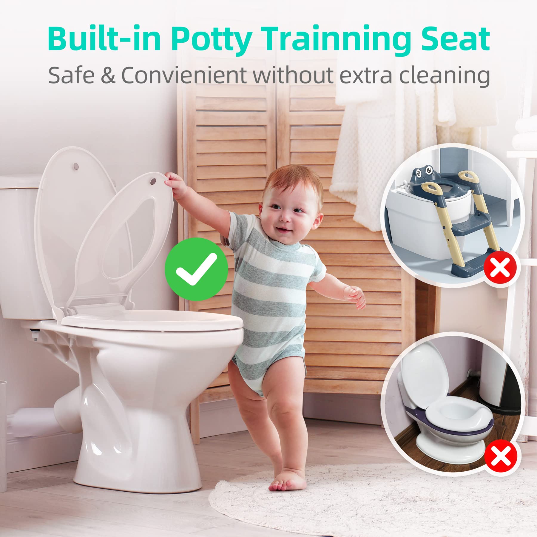 Elongated Toilet Seat with Built-in Potty Training Seat for Toddlers& Adults, Slow Close, Never Loosen, Heavy Duty, Ergonomic, Space Saving Toddler Toilet Seat(Elongated 18.5", Oval)