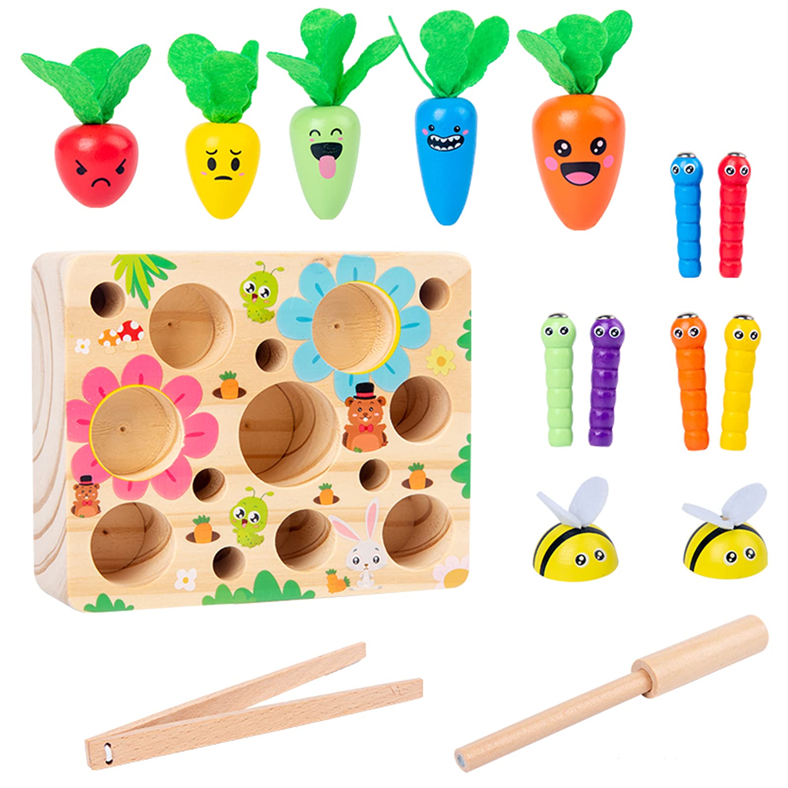 DuLaSeed Montessori Toys, 17 Packs Carrot Harvest Game Wooden Shape Size Sorting Puzzles Toys for Birthday Gift,Learning Educational Toys for Toddlers Baby Preschool 3+ Years Old Girls Boys