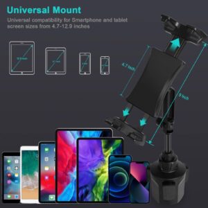 Car Cup Holder Tablet Mount & Phone Cradle Stand Truck for iPad Pro 11/12.9 Air Mini 6/5/4, Samsung Galaxy Tabs, iPhone 16/15/Pro/Pro Max, 4.7"-12.9" Smartphone Tab, Adjustable Long Arm, 360º Rotating