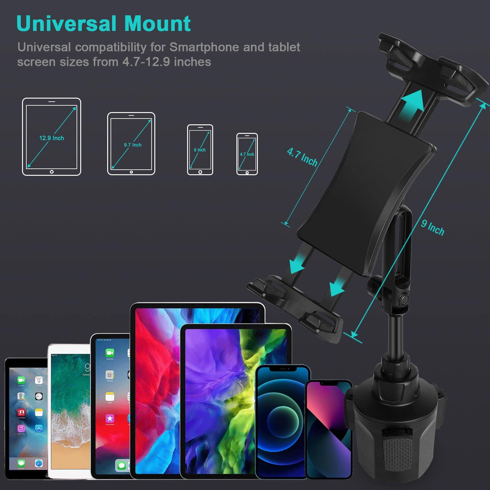 Car Cup Holder Tablet Mount & Phone Cradle Stand Truck for iPad Pro 11/12.9 Air Mini 6/5/4, Samsung Galaxy Tabs, iPhone 16/15/Pro/Pro Max, 4.7"-12.9" Smartphone Tab, Adjustable Long Arm, 360º Rotating