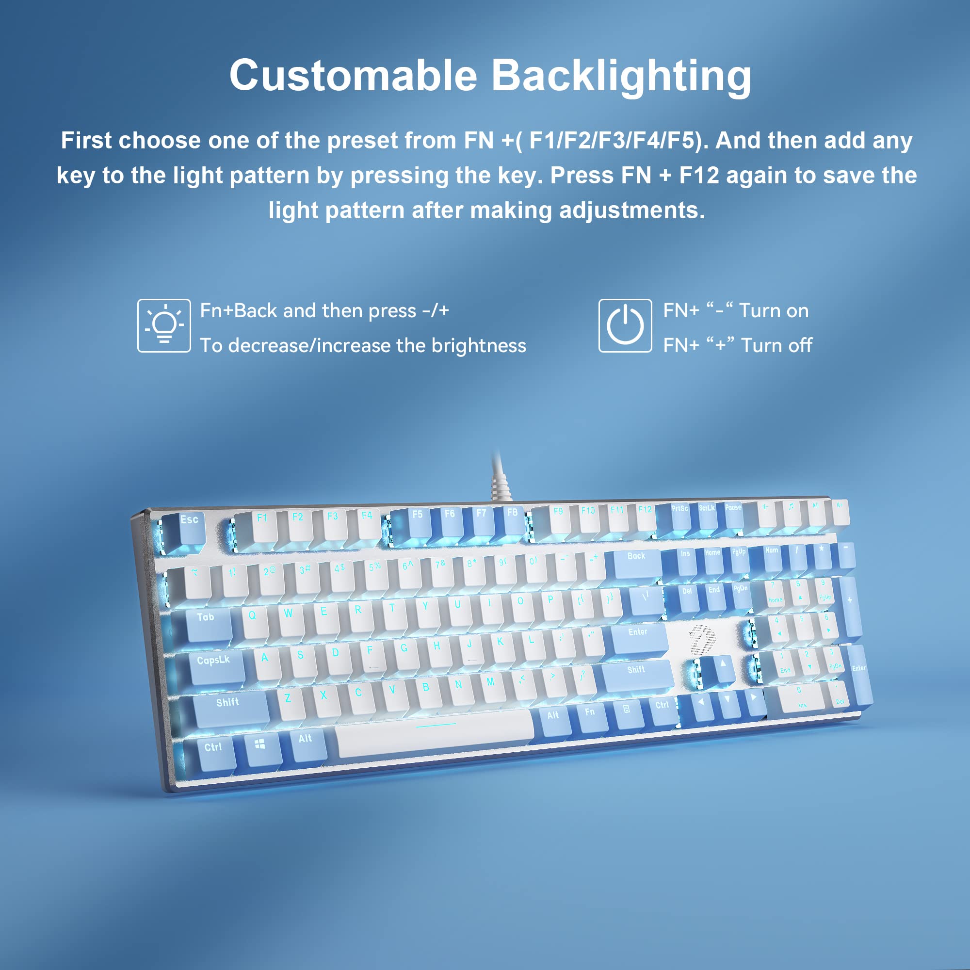 Superbcco Mechanical Gaming Keyboard, LED Backlit Wired Computer Keyboard with Clicky Blue Switches for Windows Gaming PC, 108 Anti-Ghosting Keys, QWERTY, Compact, Aluminum Base for Gamer (Blue)