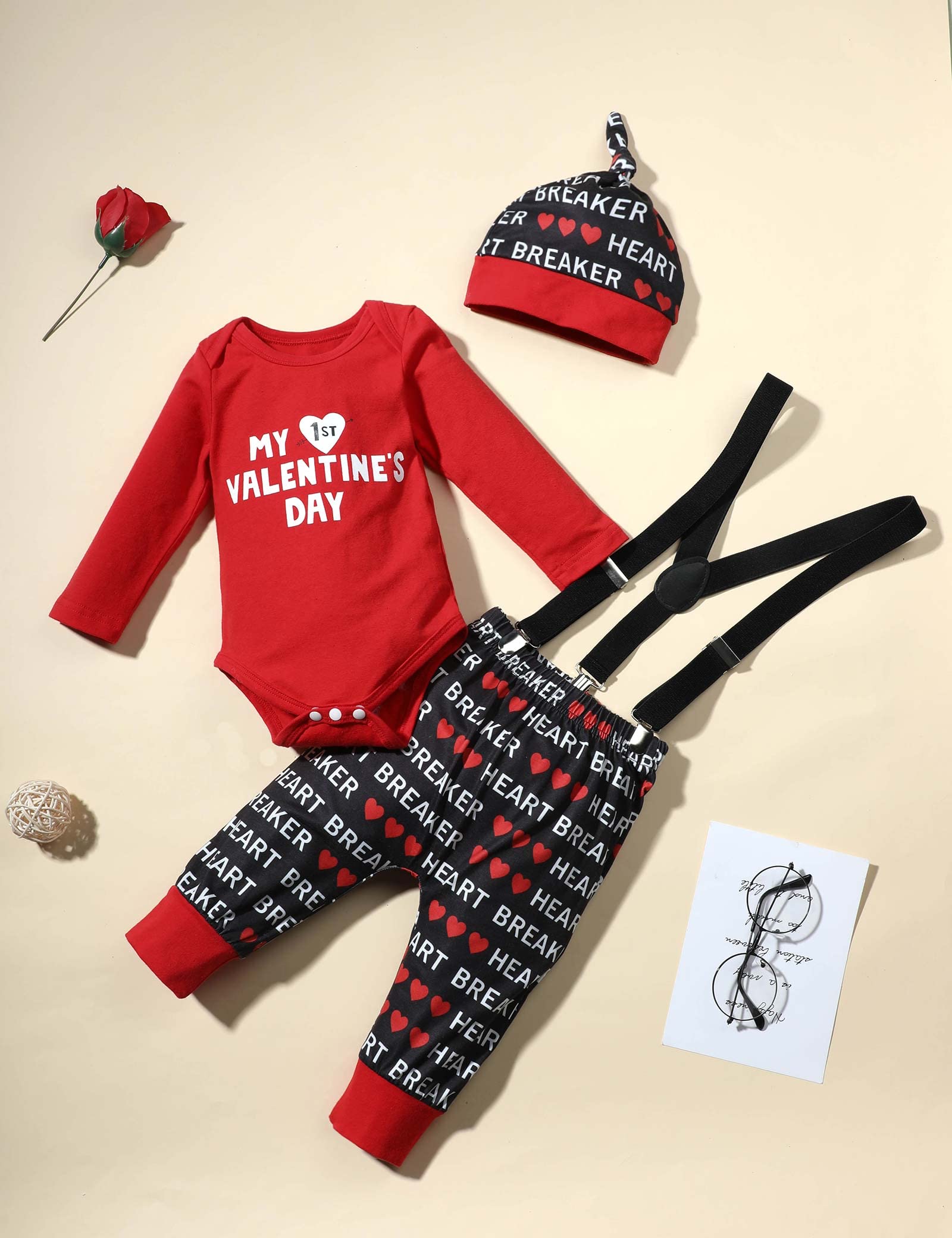 WIQI My First Valentine's Day Outfit Infant Baby Boy Spring Clothes Long Sleeve Romper and Love Heart Pants For 9-12 Months Baby Boys