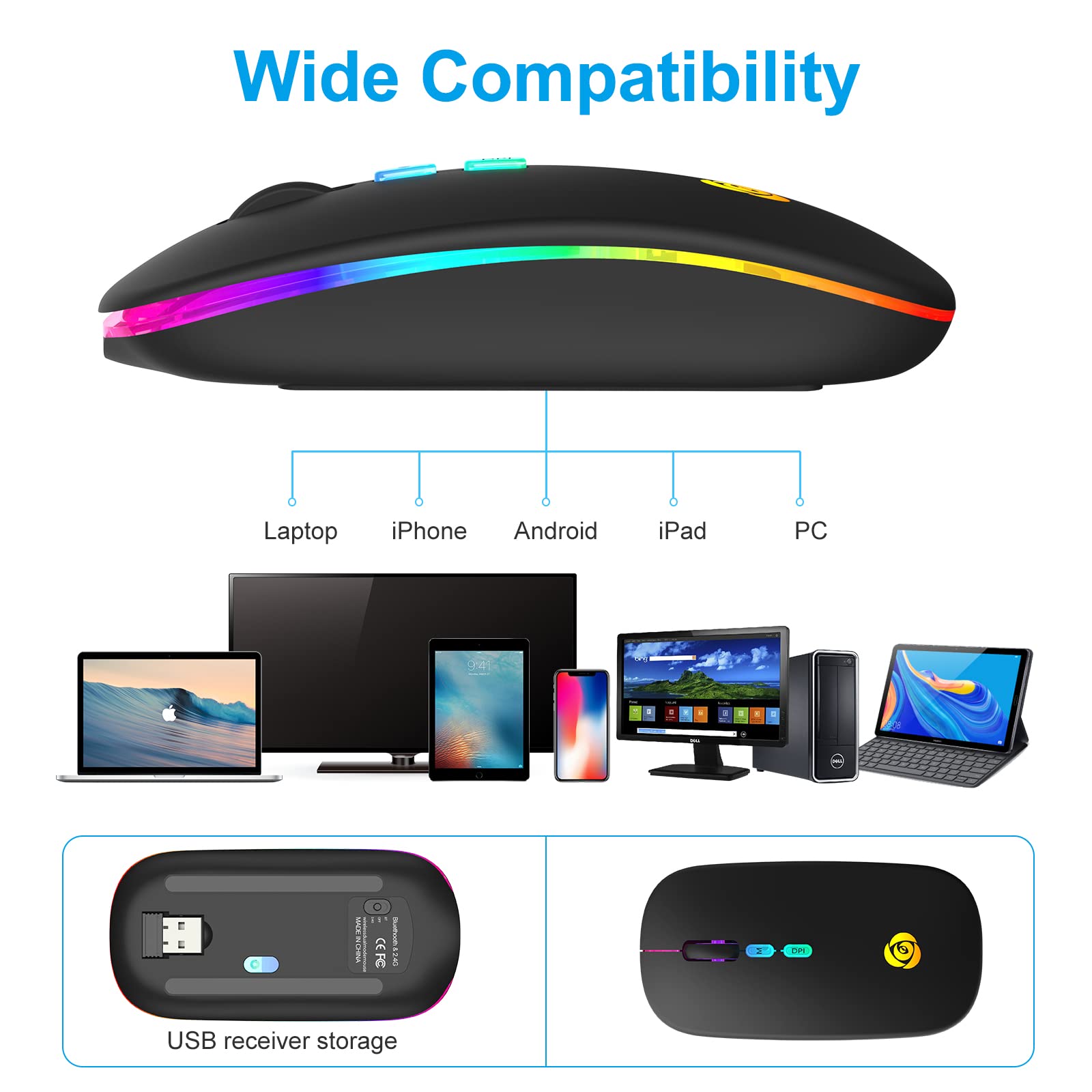 CC Store LED Wireless Bluetooth Mouse &2.4GHz Instant Connection,Rechargeable Ultra Silent Slim,3 Adjustable DPI 2 Connection Modes with USB-C to USB Adapter for Laptop/MacBook/PC/Tablet/iPad (Black)