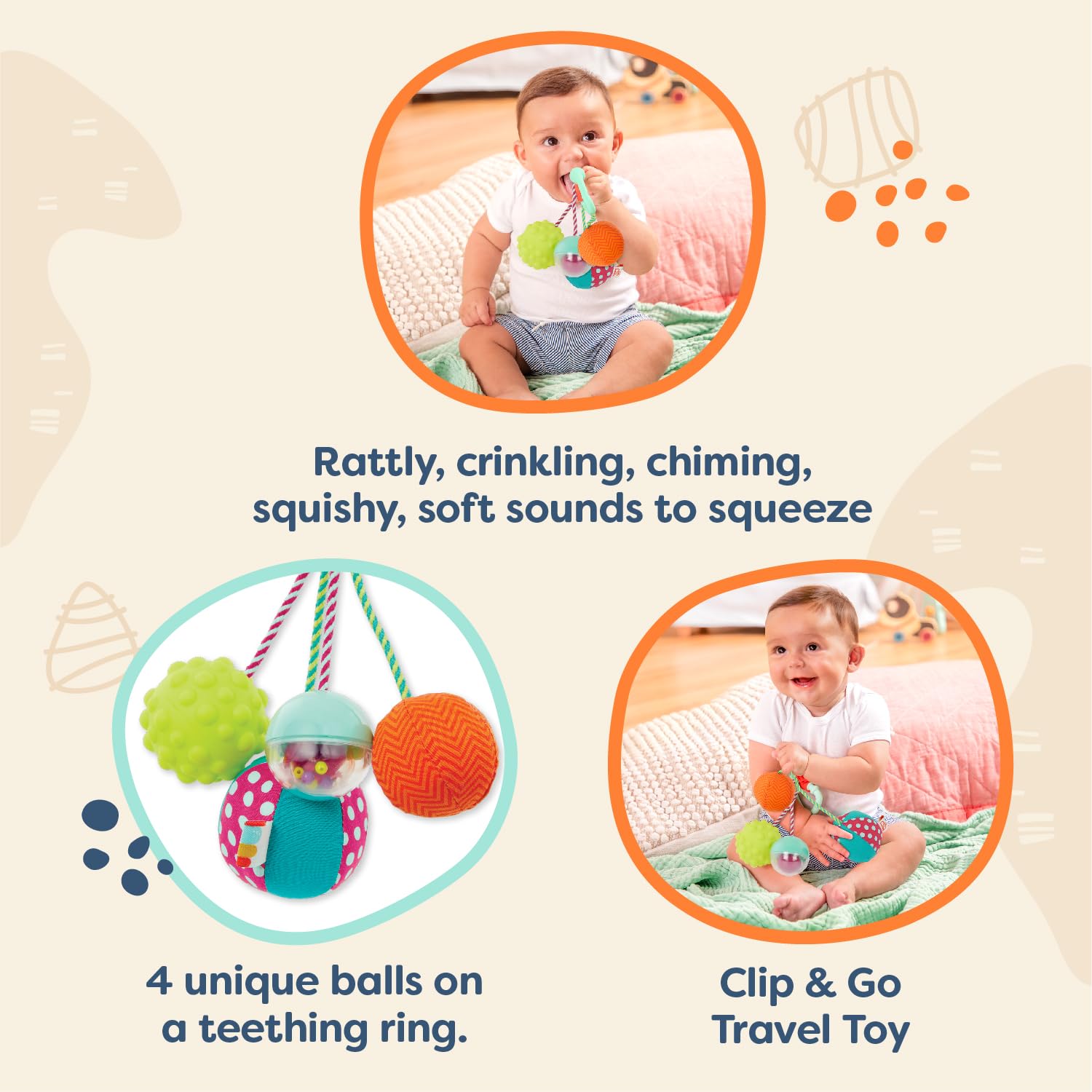 B. toys- B. baby- Sensory Baby Rattle – Baby Toy – 4 Balls & Clip – Colors, Textures & Sounds – Sounds So Squeezy- 3 Months +