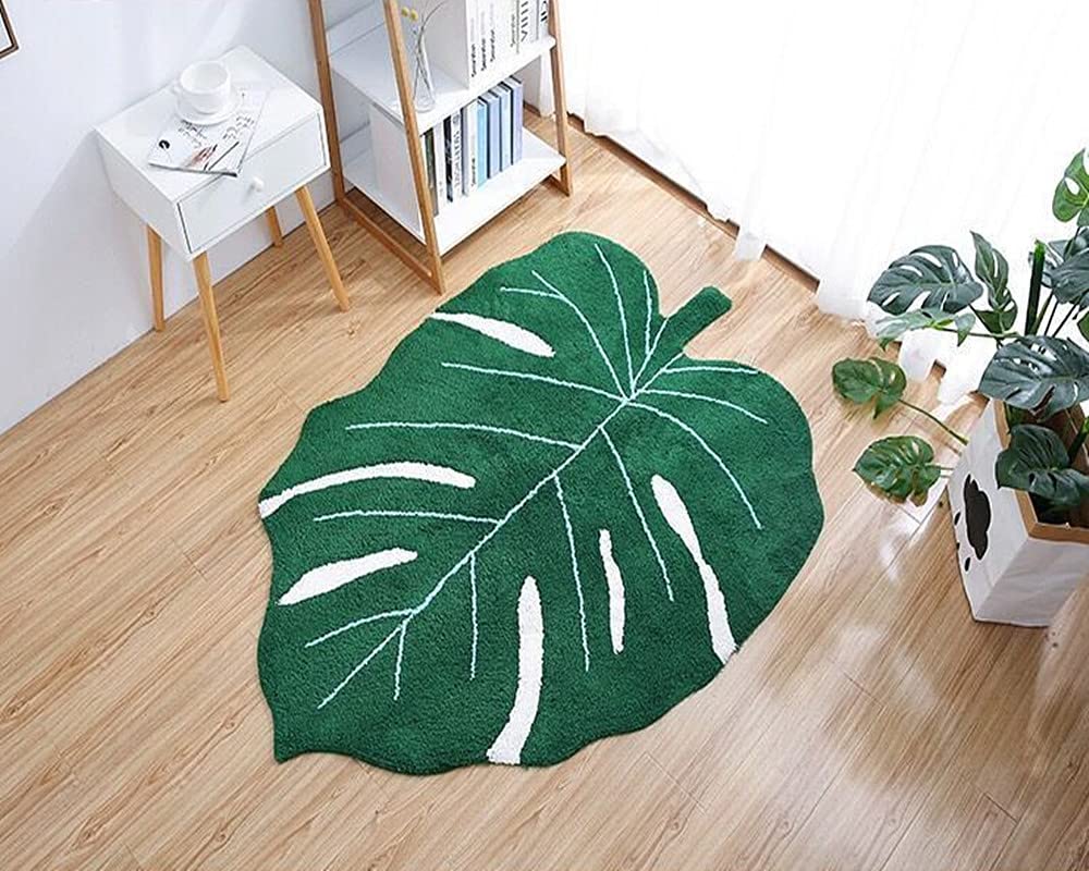 Poowe Monstera Non Slip Bath Mat or Kitchen Tufted Rug | Plant Leaf Shaped Kids Pets Floor Mat Carpet 17.7"×29.5"