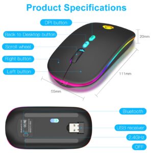 CC Store LED Wireless Bluetooth Mouse &2.4GHz Instant Connection,Rechargeable Ultra Silent Slim,3 Adjustable DPI 2 Connection Modes with USB-C to USB Adapter for Laptop/MacBook/PC/Tablet/iPad (Black)