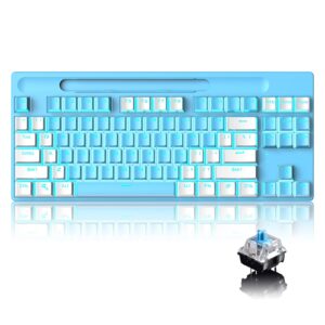 bluetooth mechanical gaming keyboard with multi backlit 87key anti-ghosting ergonomic wired/wireless 2.4ghz usb receiver rechargeable 3300mah battery for pc mac gamer typists (blue white/blue switch)