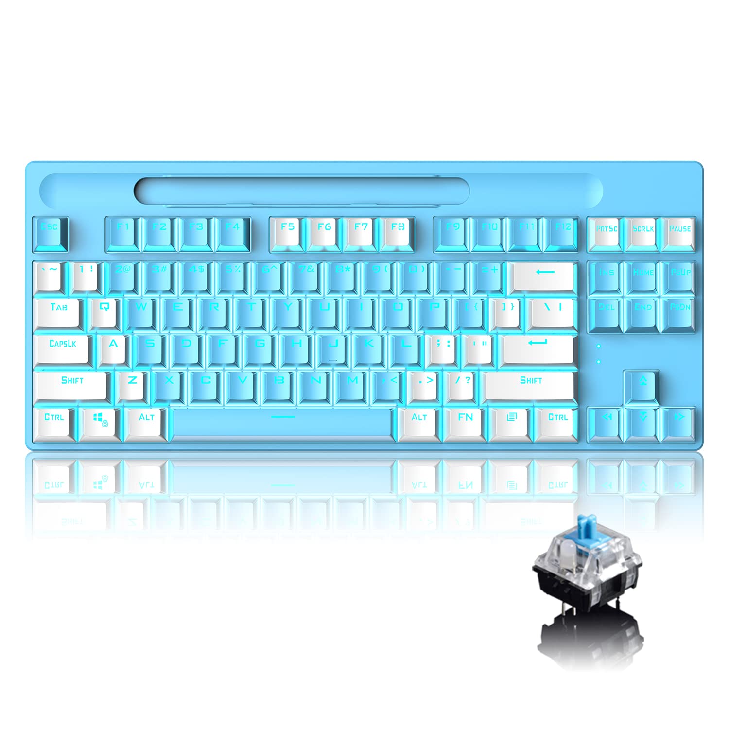 Bluetooth Mechanical Gaming Keyboard with Multi Backlit 87Key Anti-Ghosting Ergonomic Wired/Wireless 2.4Ghz USB Receiver Rechargeable 3300mAh Battery for PC Mac Gamer Typists (Blue White/Blue Switch)