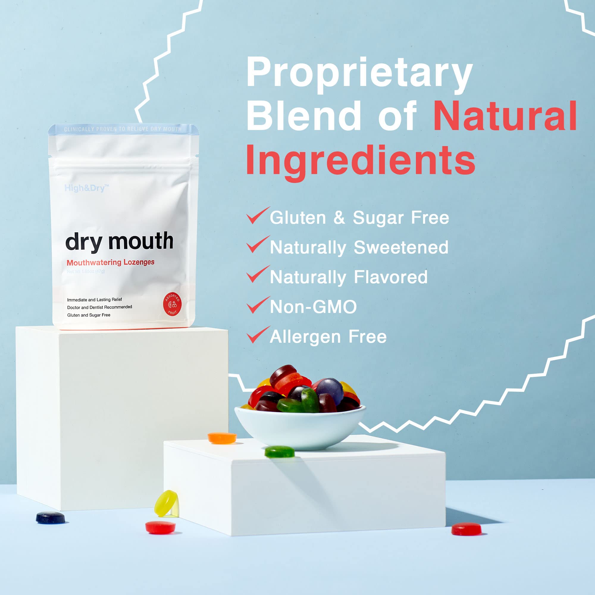 High&Dry - Dry Mouth Lozenges, Helps Stimulate Salivary Flow, Targets Dry Mouth Issues Like Bad Breath, Supports Healthy Gums and Throat, Gluten-and-Sugar-Free Candies, Oral Care Package, 47g