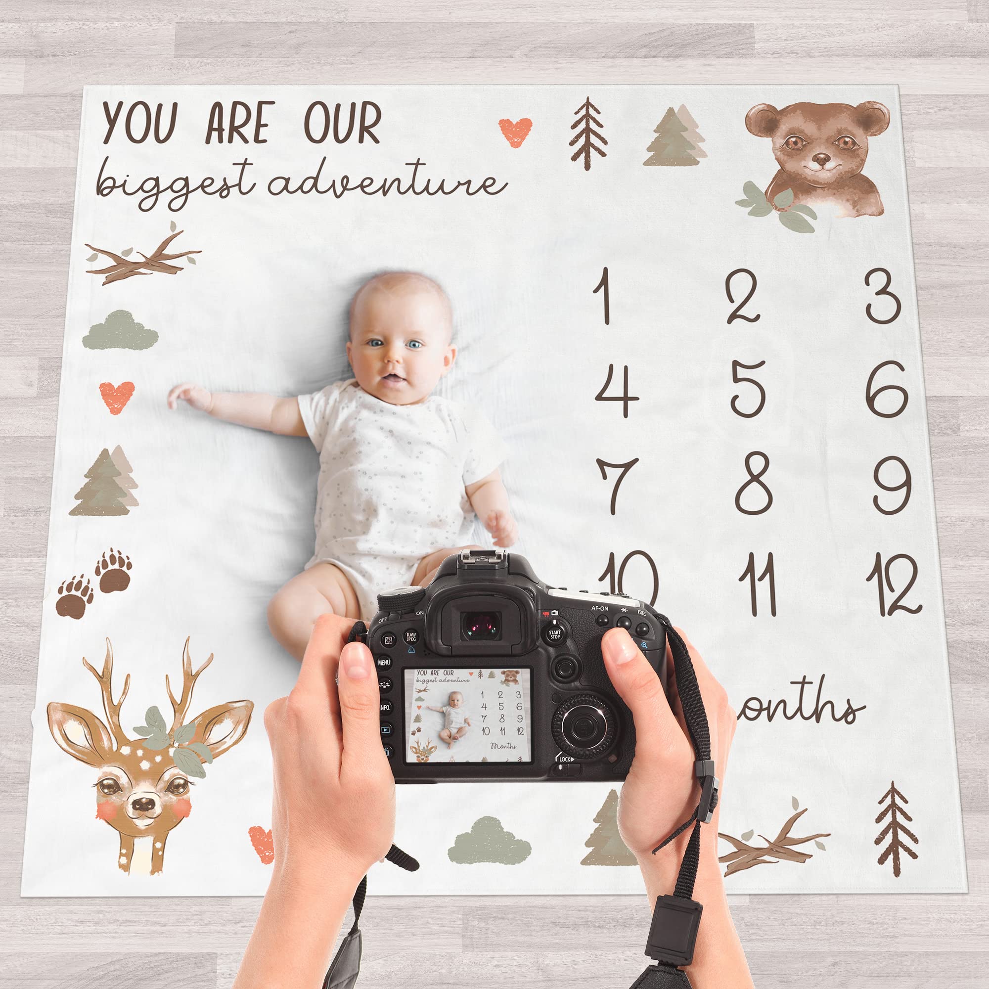 ZICOTO Modern Baby Milestone Blanket - Beautiful Woodland Friends Design for Personalized Monthly Baby Pictures - Cherish Your Adorable Babys Boy Or Girl Milestones Forever