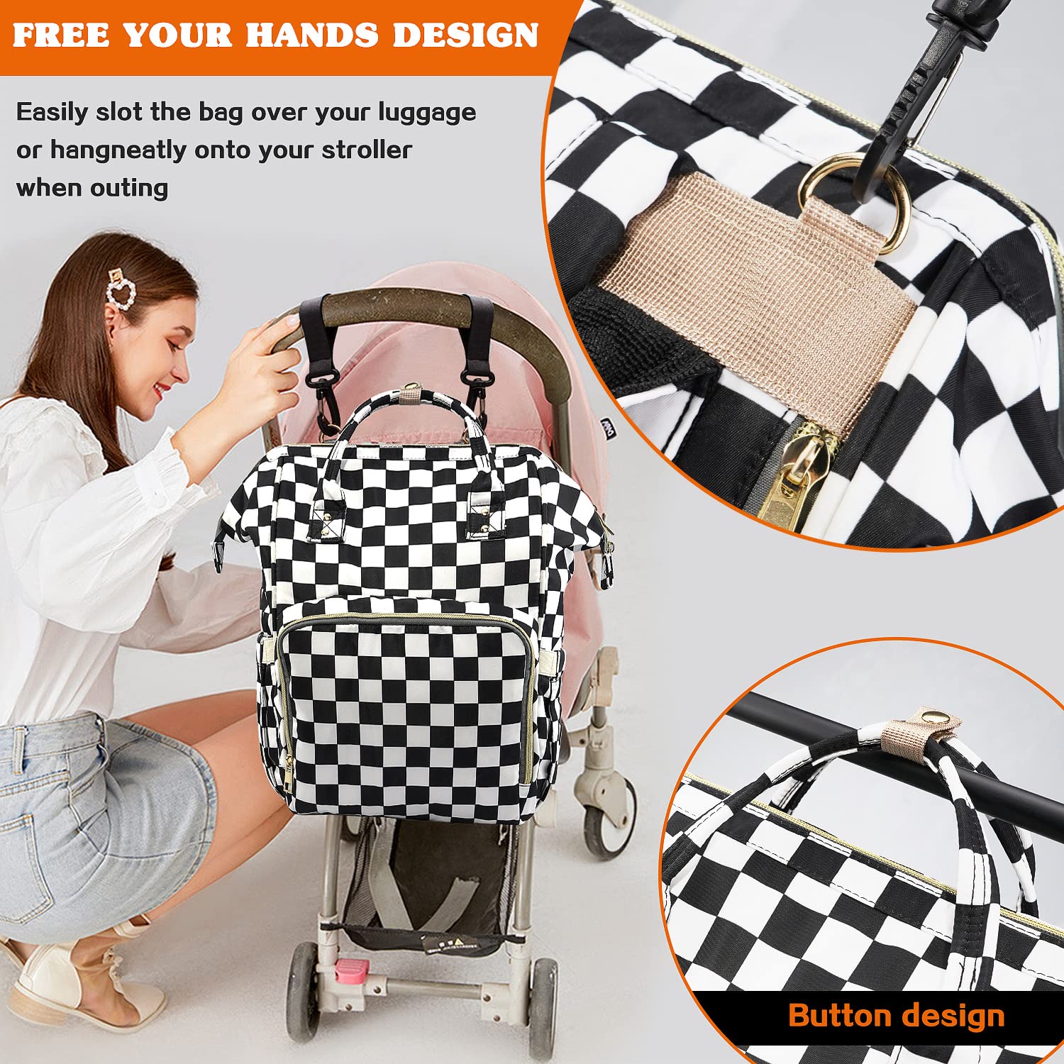 Limhoo Diaper Bag Backpack for Mom & Dad, Multifunction Waterproof Baby Changing Bags, Large Nappy Bag Backpack (Checkered)