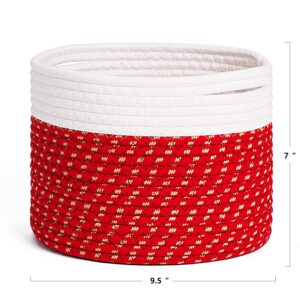 LixinJu Small Baskets for Organizing Small Woven Basket Set of 2 Red Small Rope Basket Set with Handle for Toy Cotton Round Storage Kids Baby Dog Cat Gifts, 9.5"x9.5"x7"