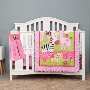 4 pcs pink animal safari nursery crib bedding set 1 quilt 1 fitted sheet 1 skirt 1 diaper storage bag