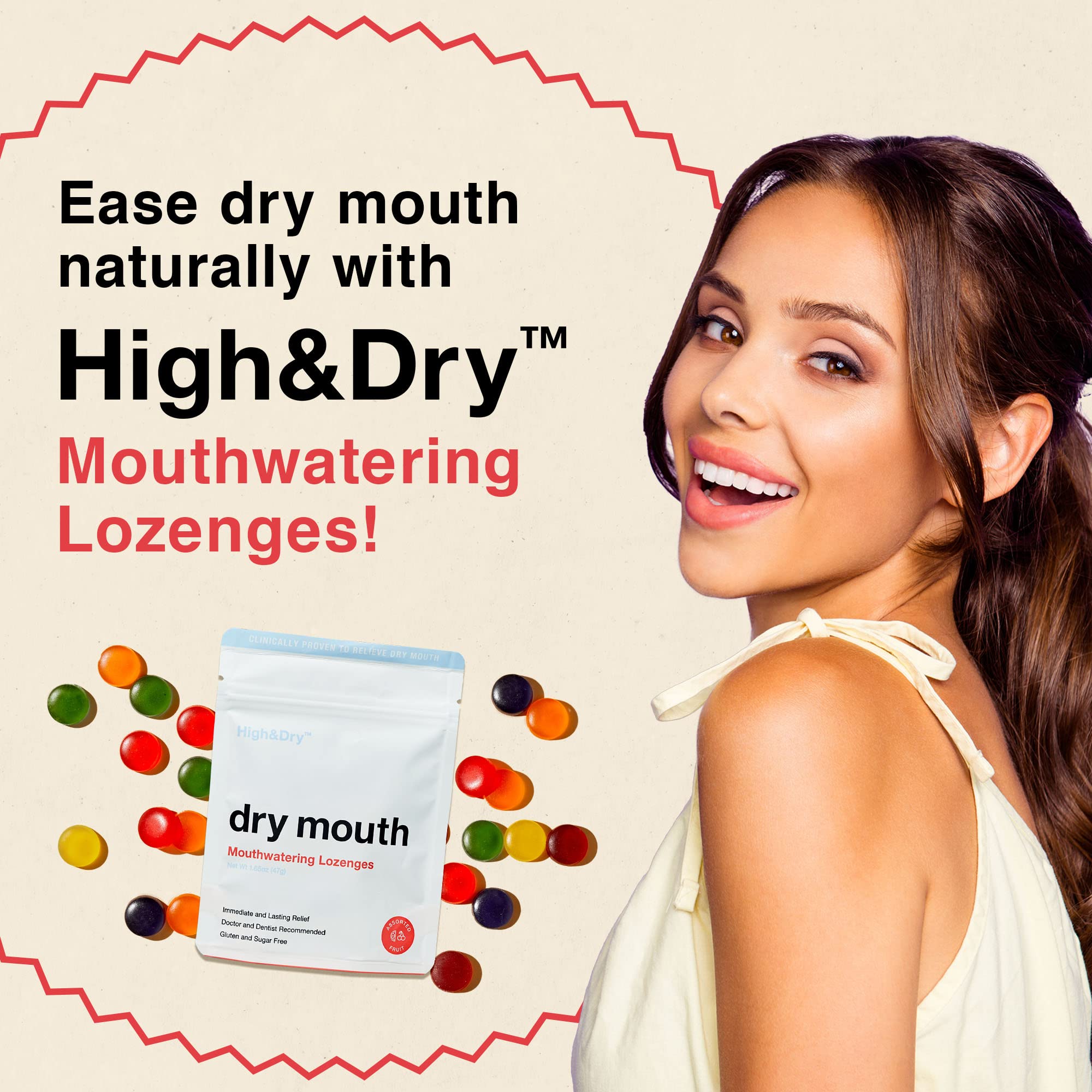 High&Dry - Dry Mouth Lozenges, Helps Stimulate Salivary Flow, Targets Dry Mouth Issues Like Bad Breath, Supports Healthy Gums and Throat, Gluten-and-Sugar-Free Candies, Oral Care Package, 47g