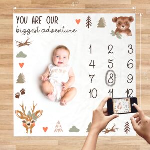 ZICOTO Modern Baby Milestone Blanket - Beautiful Woodland Friends Design for Personalized Monthly Baby Pictures - Cherish Your Adorable Babys Boy Or Girl Milestones Forever