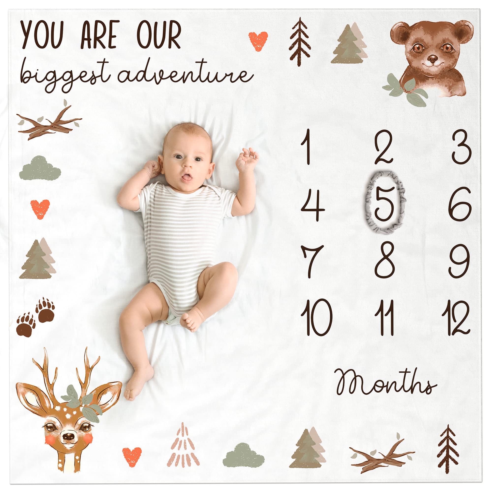 ZICOTO Modern Baby Milestone Blanket - Beautiful Woodland Friends Design for Personalized Monthly Baby Pictures - Cherish Your Adorable Babys Boy Or Girl Milestones Forever