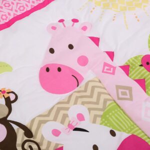 4 PCs Pink Animal Safari Nursery Crib Bedding Set 1 Quilt 1 Fitted Sheet 1 Skirt 1 Diaper Storage Bag