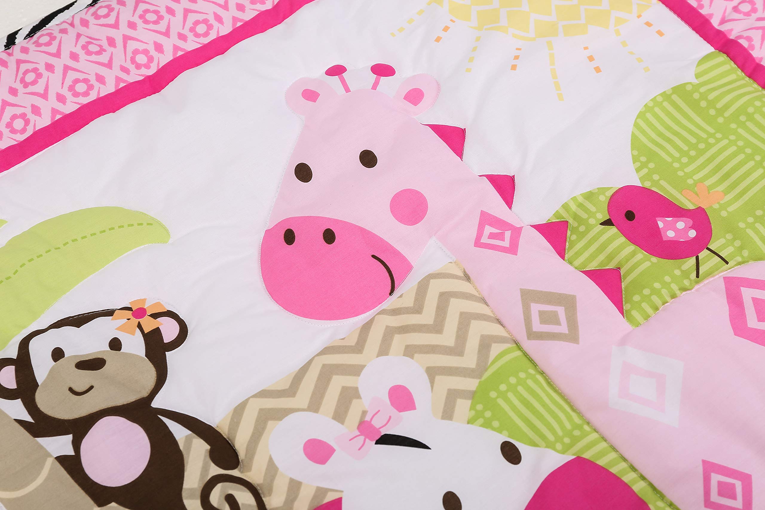 4 PCs Pink Animal Safari Nursery Crib Bedding Set 1 Quilt 1 Fitted Sheet 1 Skirt 1 Diaper Storage Bag