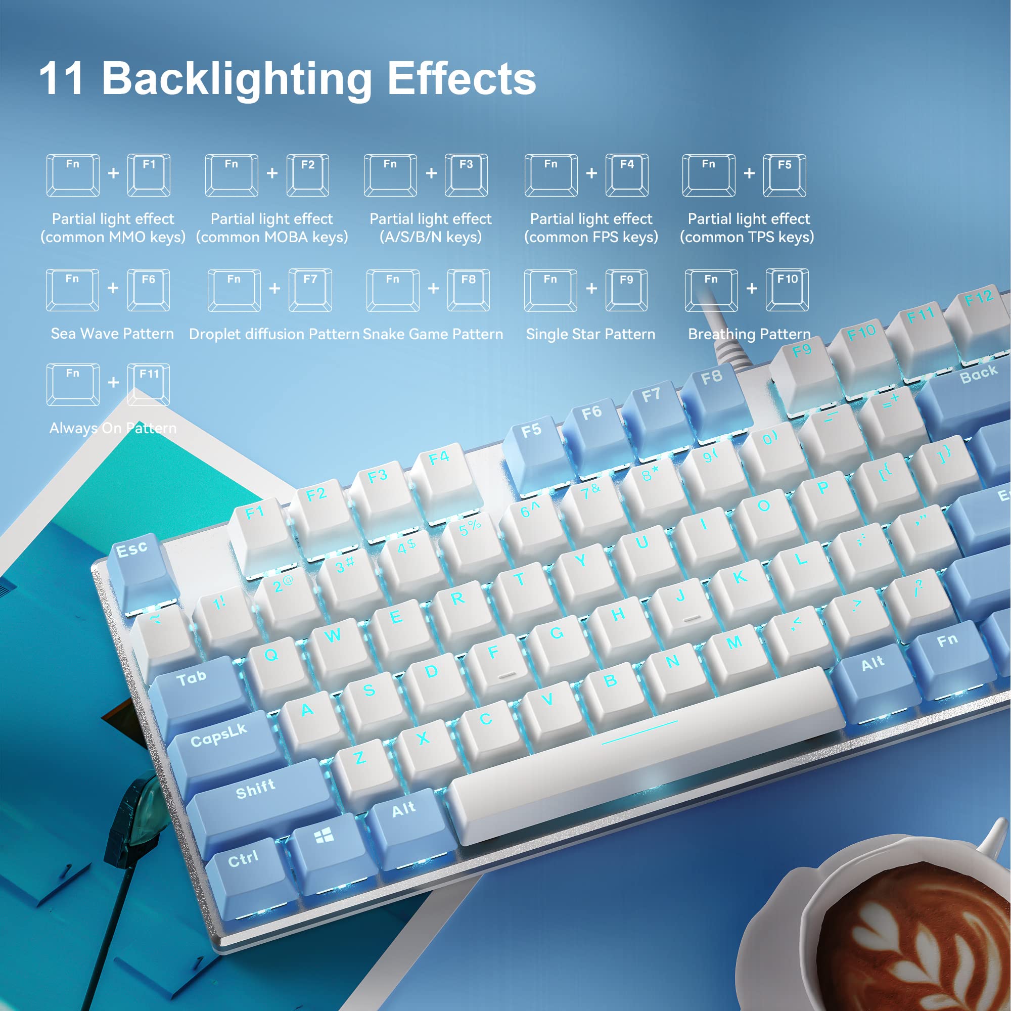 Superbcco Mechanical Gaming Keyboard, LED Backlit Wired Computer Keyboard with Clicky Blue Switches for Windows Gaming PC, 108 Anti-Ghosting Keys, QWERTY, Compact, Aluminum Base for Gamer (Blue)