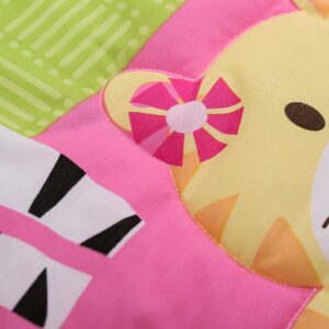 4 PCs Pink Animal Safari Nursery Crib Bedding Set 1 Quilt 1 Fitted Sheet 1 Skirt 1 Diaper Storage Bag