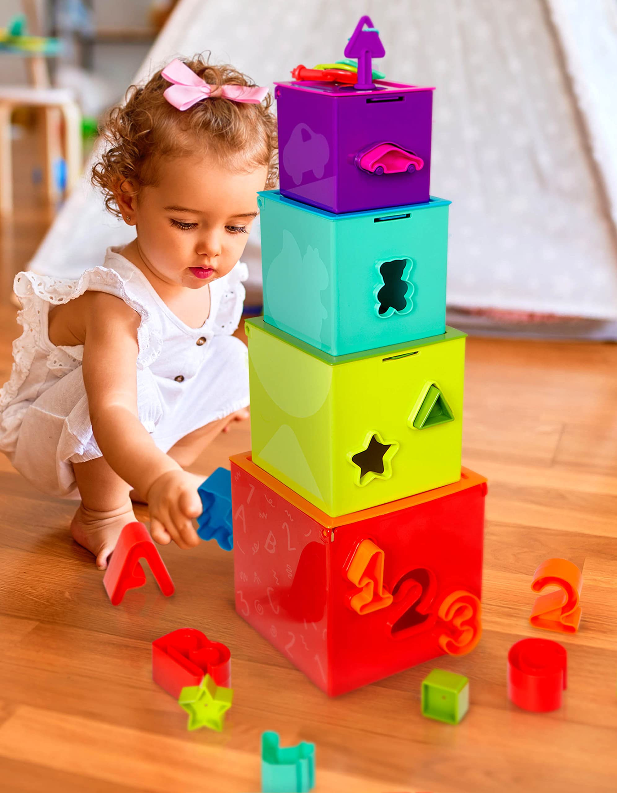 Battat – Sorting & Stacking Boxes – Nesting Toddler Play Cubes – Color-Coded Dexterity Keys – Numbers, Letters & Shapes – 2 Years + – Lock & Learn Activity Cubes