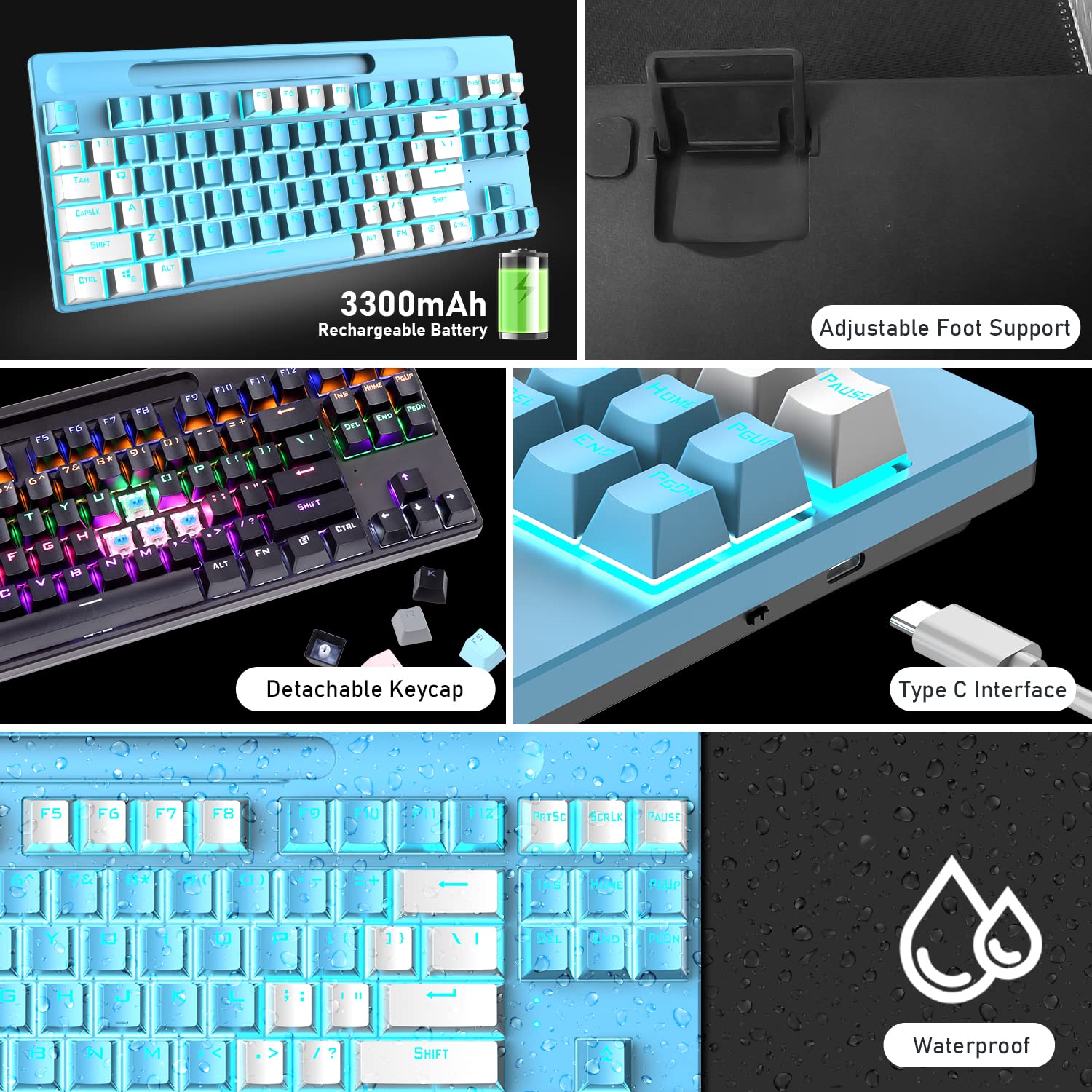 Bluetooth Mechanical Gaming Keyboard with Multi Backlit 87Key Anti-Ghosting Ergonomic Wired/Wireless 2.4Ghz USB Receiver Rechargeable 3300mAh Battery for PC Mac Gamer Typists (Blue White/Blue Switch)