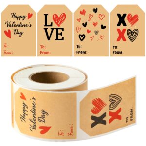 haooryx 280pcs valentines heart gift tags stickers gift wrapping, 4 designs self adhesive kraft paper name writable labels stickers for valentine's day presents package envelope seals cards decoration