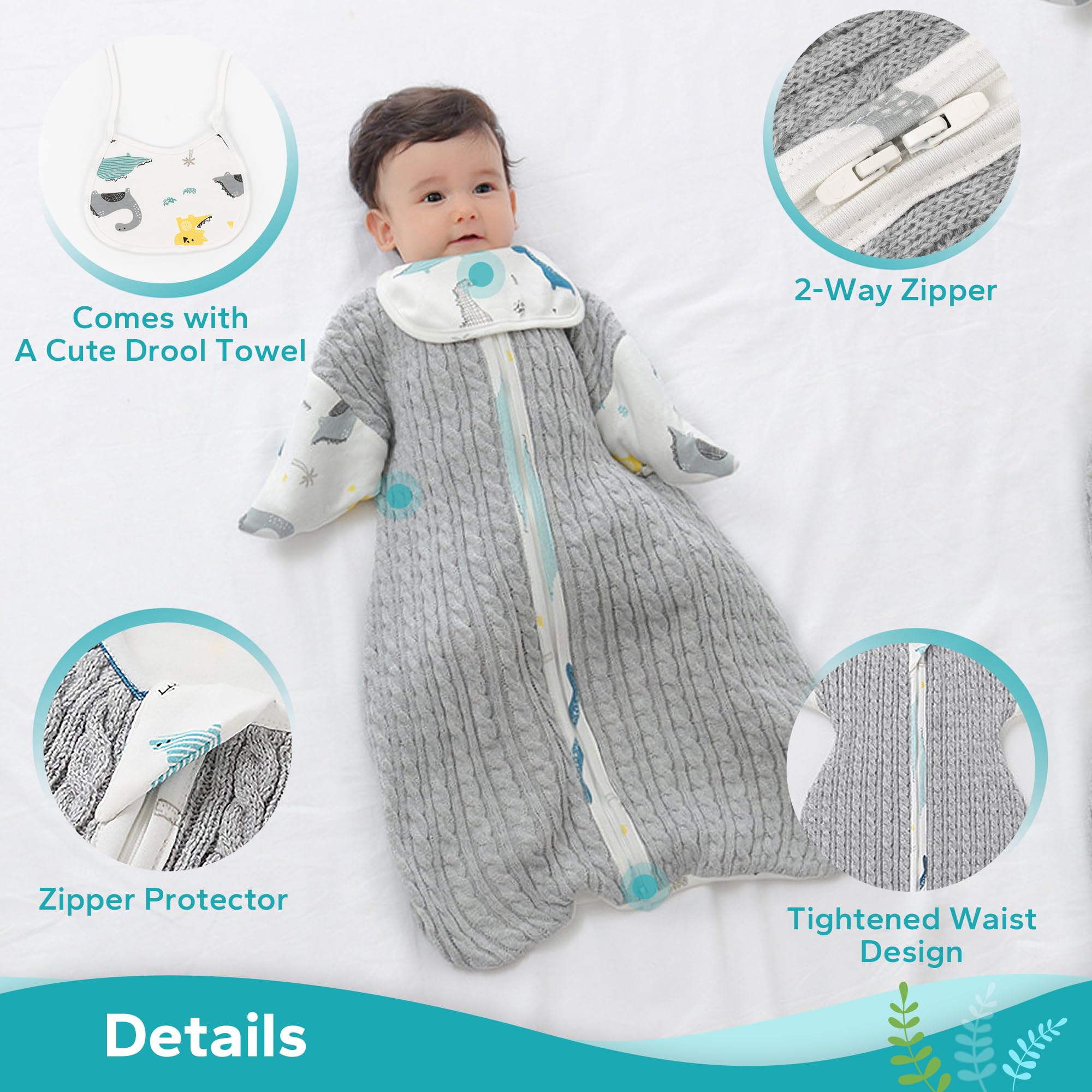 ZIGJOY Shark-Fin Transition Swaddle - Baby Wearable Blanket with 2-Way Zipper Self-Soothing Sleep Sack Knitted and Cotton for All Seasons, 1.0 TOG, Dinosaur, 6-9 Months