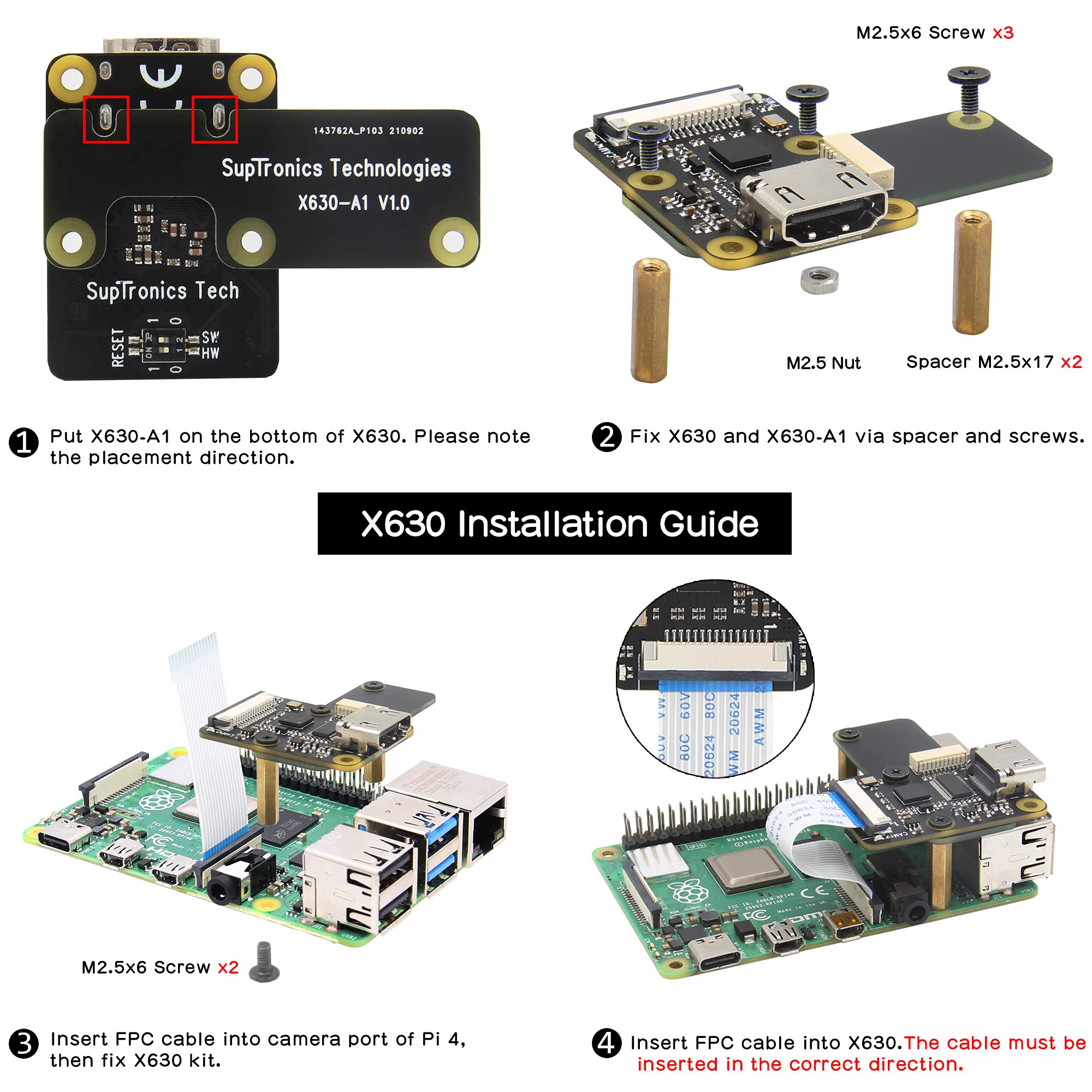 Geekworm X630 V1.5 Hdmi to CSI-2 Module+X630-C1 Metal Case for Raspberry Pi 4, Hdmi Input Bridge TC358743 Supports up to 1080p/25Fps