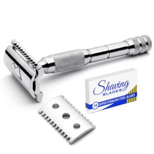 raka long handle double edge safety razor for men with extra free open comb - twist to razors, along 10 stainless steel blades better shaving experience, silver, 12 piece set