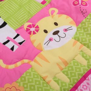 4 PCs Pink Animal Safari Nursery Crib Bedding Set 1 Quilt 1 Fitted Sheet 1 Skirt 1 Diaper Storage Bag