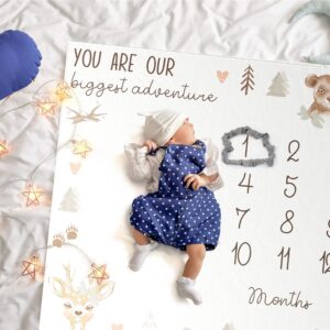 ZICOTO Modern Baby Milestone Blanket - Beautiful Woodland Friends Design for Personalized Monthly Baby Pictures - Cherish Your Adorable Babys Boy Or Girl Milestones Forever